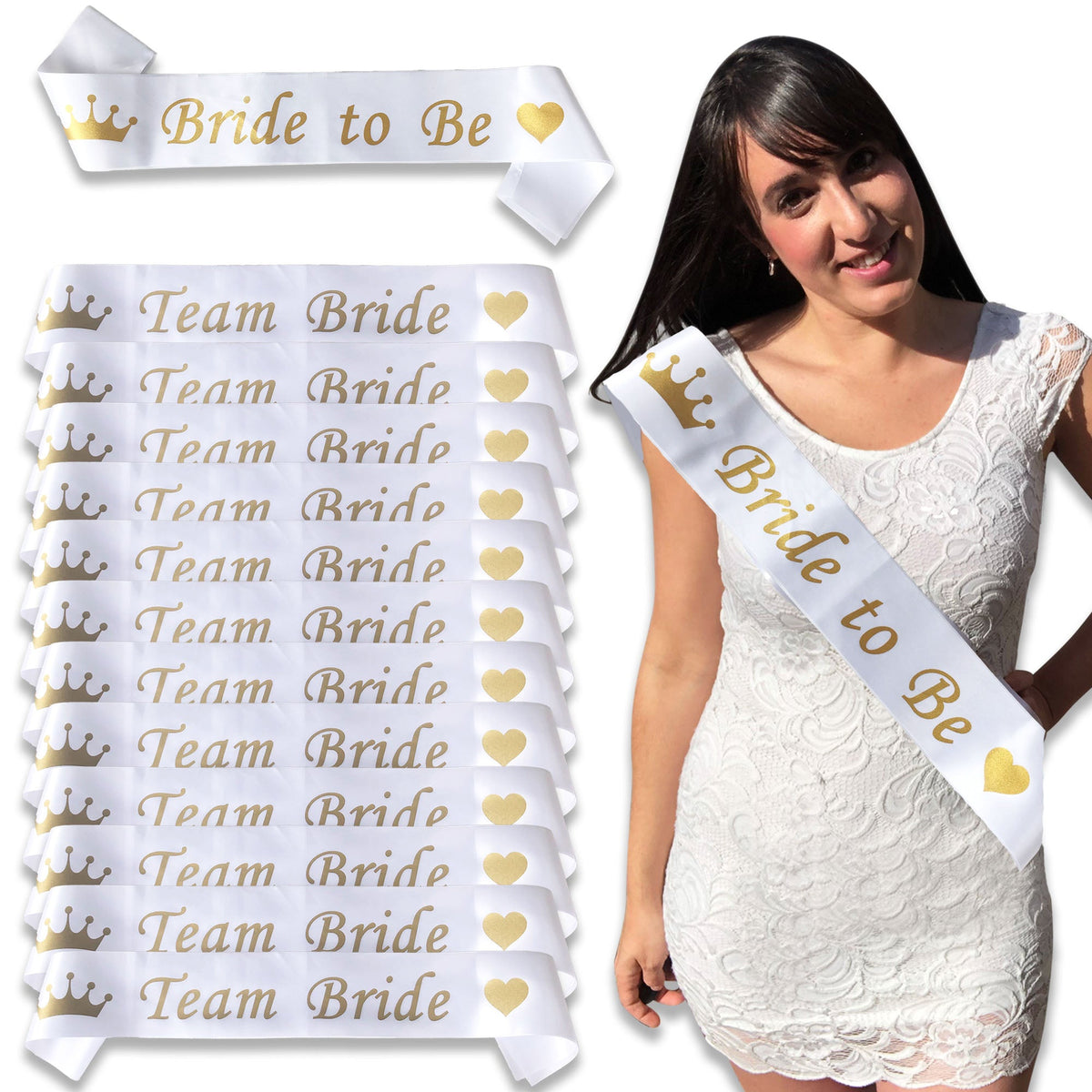 Pack of 14 Team Bride White and Gold Sashes and 1 Bride to Be Sash Whi ...